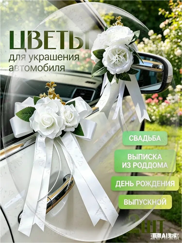 Свадебные украшения на автомобиль: 2 банта с цветами для ручек и зеркал (34х19 см)