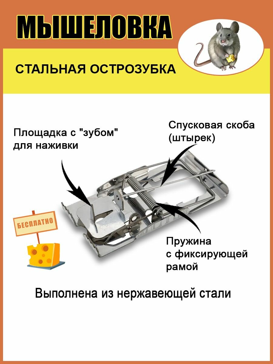 Мышеловка металлическая Острозубка, нержавеющая сталь, мощная пружина, для мышей,1 штука металлическая мышеловка мышеловка для мышей острозубка