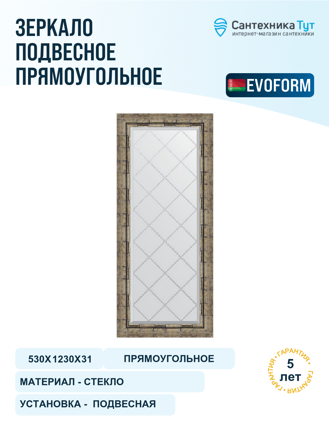 Зеркало Evoform Exclusive-G 123х53 BY 4050 с гравировкой в багетной раме - Серебряный бамбук 73 мм