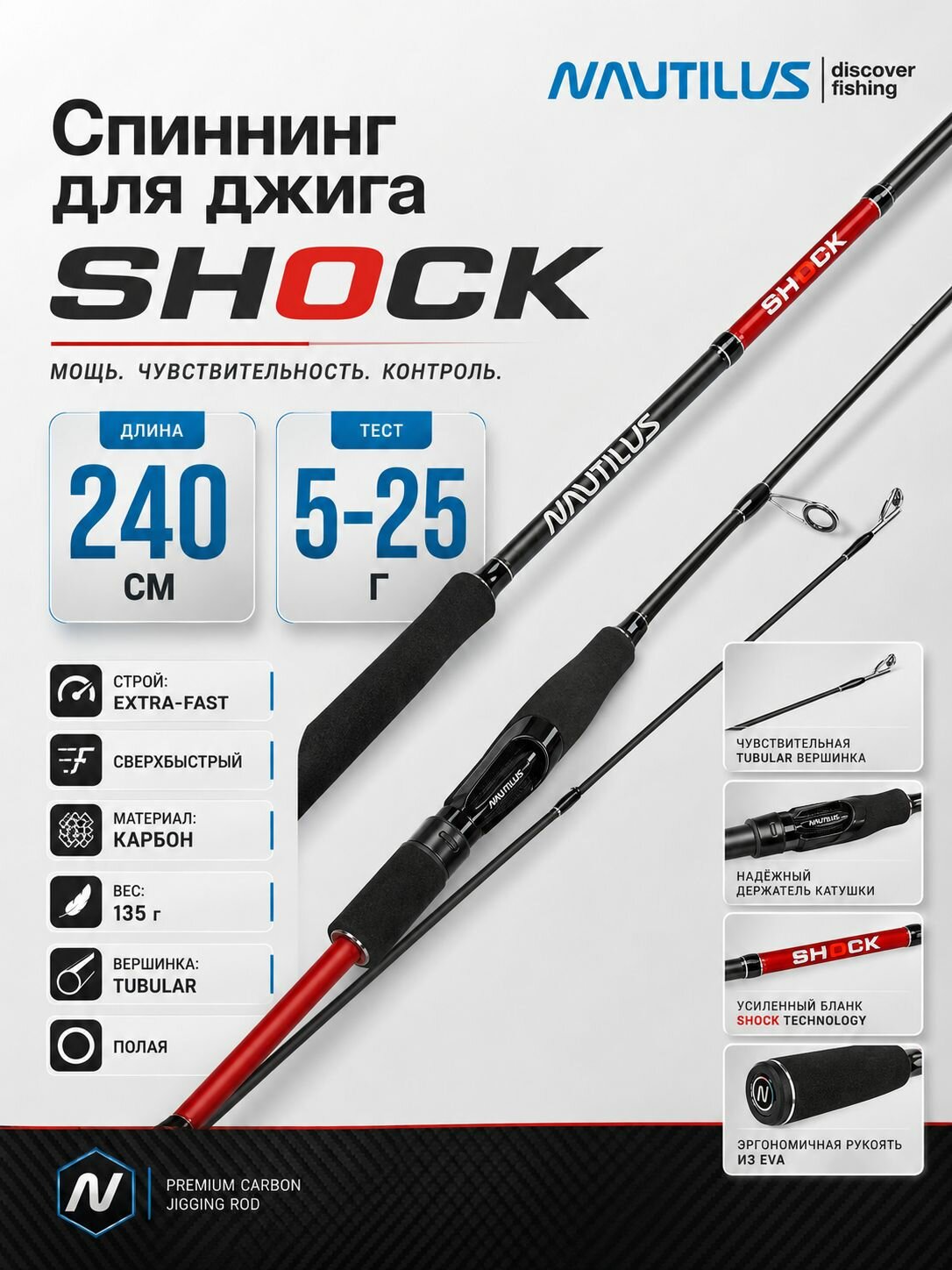 Спиннинг Nautilus Shock 240см 5-25г для джига / удилище спиннинговое наутилус шок для рыбалки