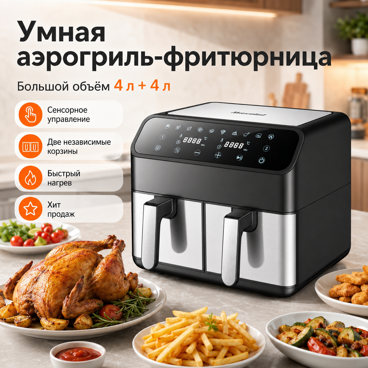 Двухкамерная аэрофритюрница 4+4 л, сенсорное управление, функция синхронной готовки, автоматическое отключение