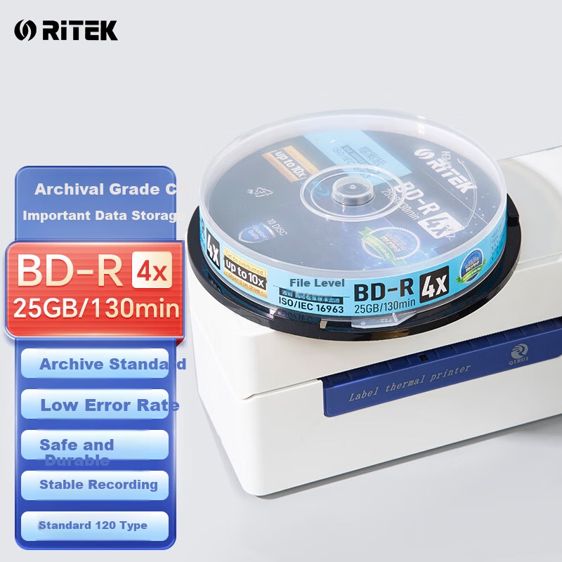RITEk BD-R Blu-ray диск ISO/IEC16963 сертифицированный архивный 25 ГБ 10 шт в картонной упаковке Количество：Архивный