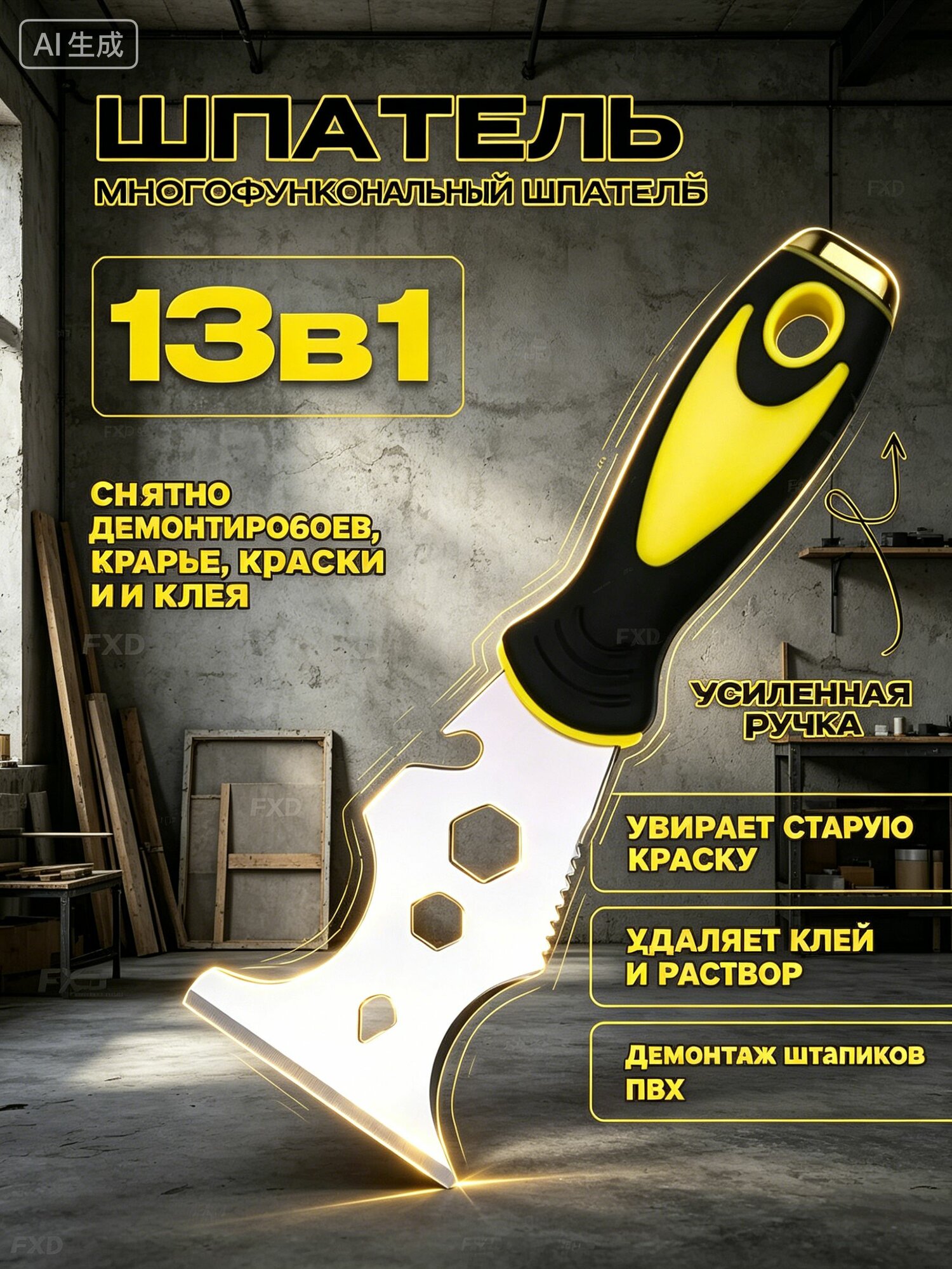 Многофункциональный шпатель 13 в 1 для ремонта. Строительный скребок для краски, инструмент для снятия обоев и клея со стен.