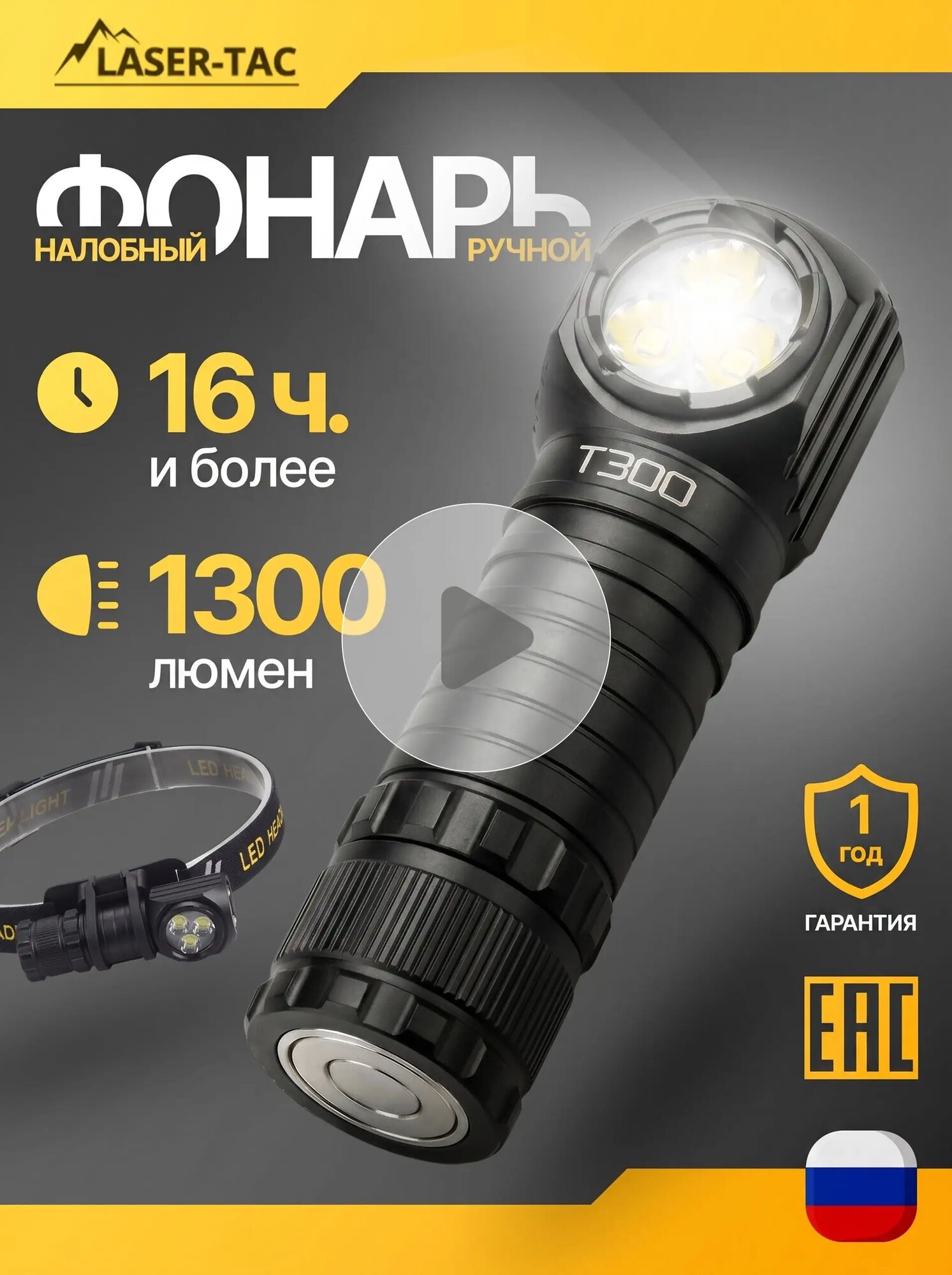 LASER TAC Фонарь налобный аккумуляторный T300 фонарик-xm