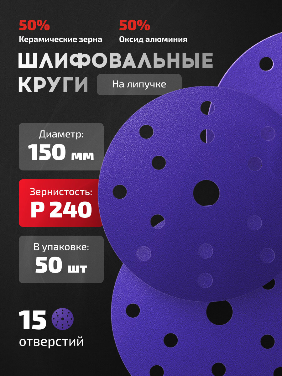 Шлифовальные круги 150 мм на липучке (набор 50 шт) Р240, 15 отверстий, на липучке / FORMEL / диски насадки