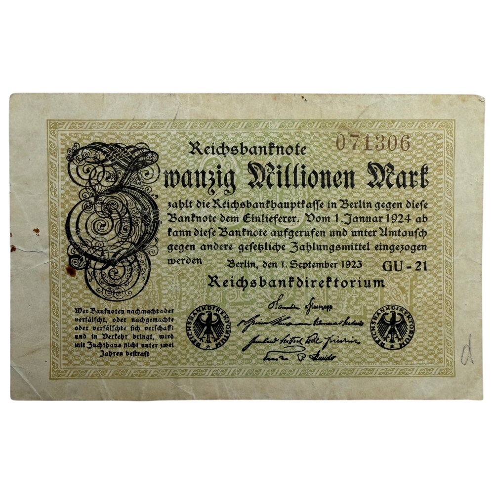 Веймарская республика 20000000 (20 миллионов) марок 1923 г. (01.09) (ВЗ - Звёзды G&D) (Серия GU-21)