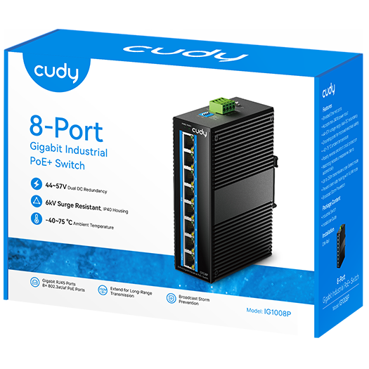 IG1008P CUDY Коммутатор CUDY 8-Port Gigabit Industrial PoE Switch 8-Port Aluminum Industrial PoE Switch, 1000Mbps 8-Por — фото 1
