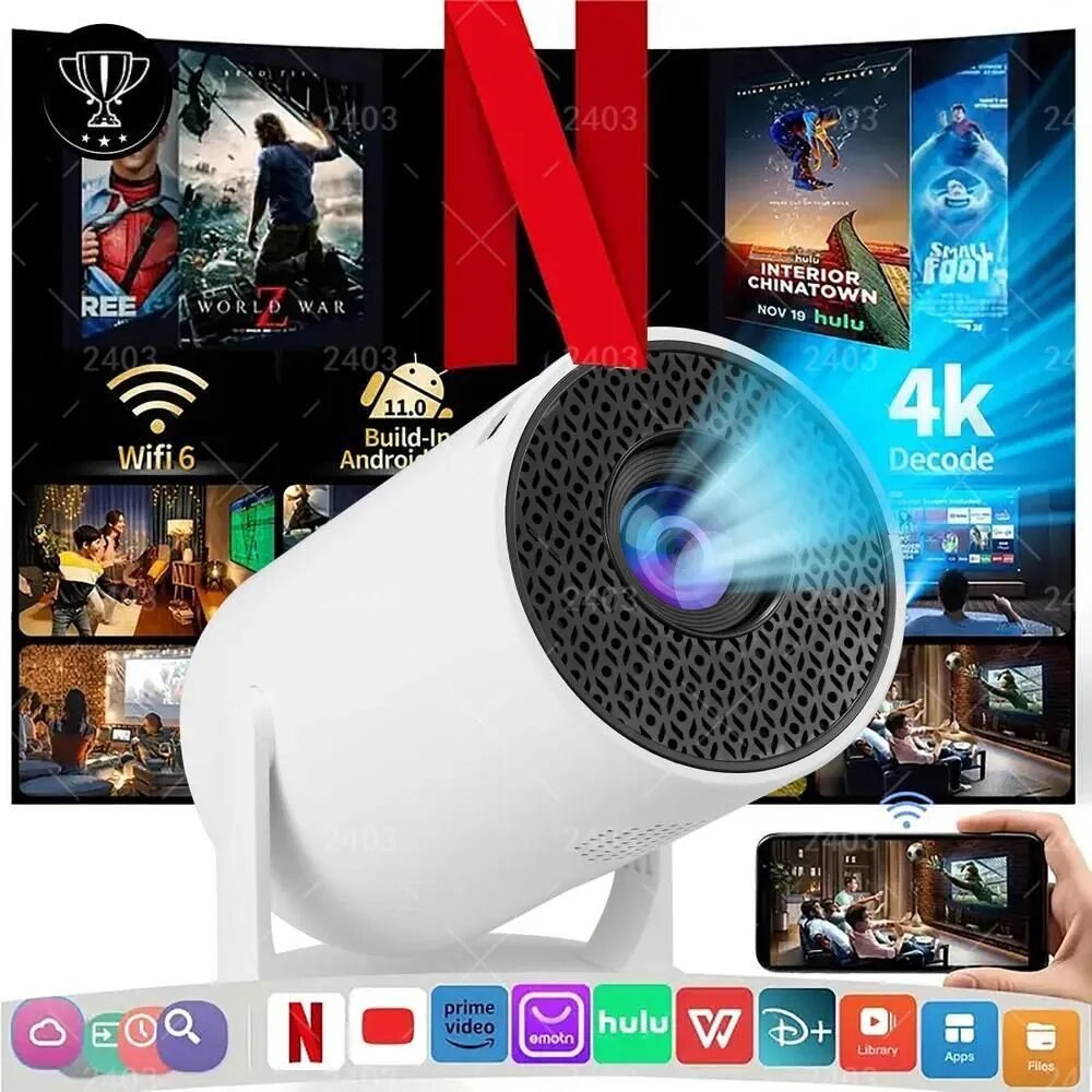 Гобо-проектор, белый, WiFi 6, Android 11.0, 4K Decode, с поддержкой Netflix, Hulu, Disney+
