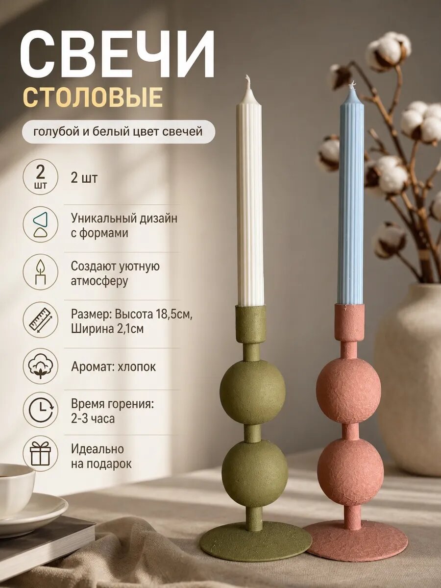 Свечи столовые, 2 шт, голубая и белая