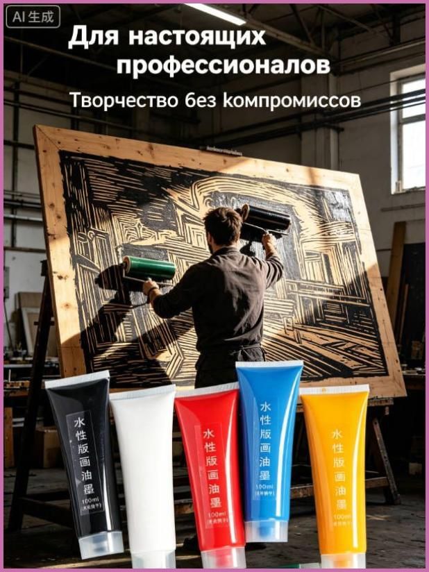 Набор типографской краски для линогравюры 5 цвета по 20мл (черный, синий , красный, желтый, белый)