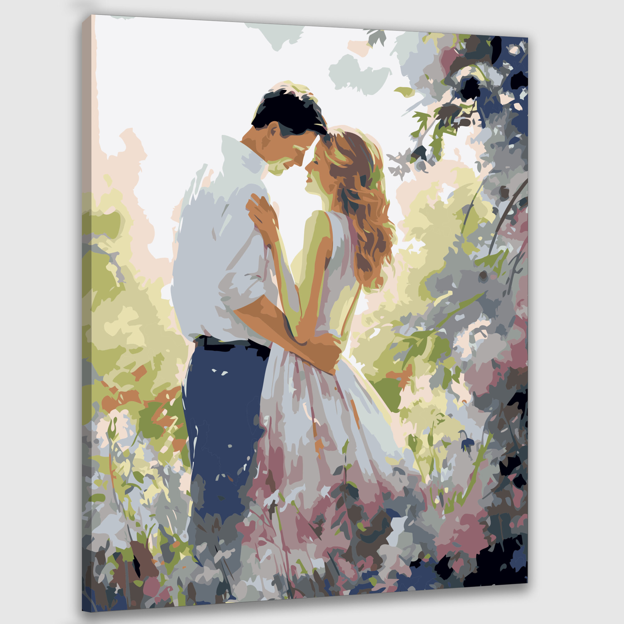 Картина по номерам 40x50 см, акварельная картина, романтическая встреча, летний сад, море ярких цветов, мягкие мазки