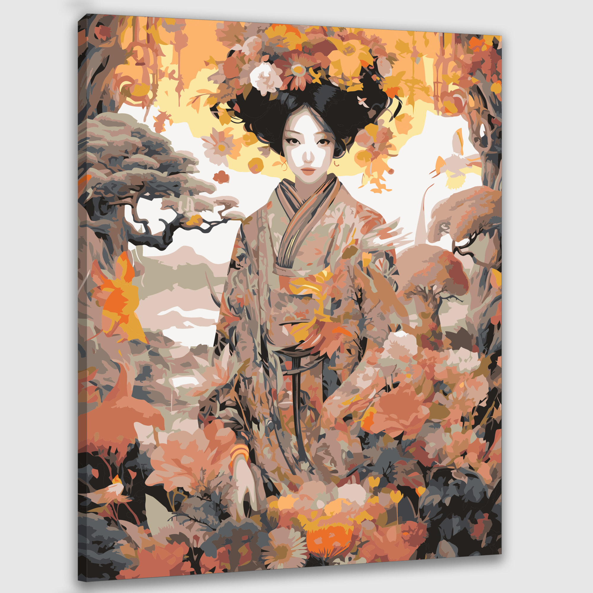 Картина по номерам 40x50 см, гейша, кимоно, узоры, цветы, растения, сад, фонари, светлячки, бабочки, сюрреализм