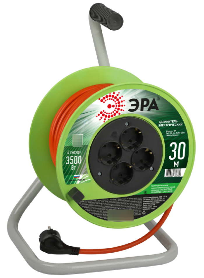 Удлинитель силовой на катушке ЭРА RP-4e-3x1.5-30m пластик c заземлением, провод ПВС 3х1.5мм2 оранжевый, 4 розетки, 30м, Б0056102 / электрика