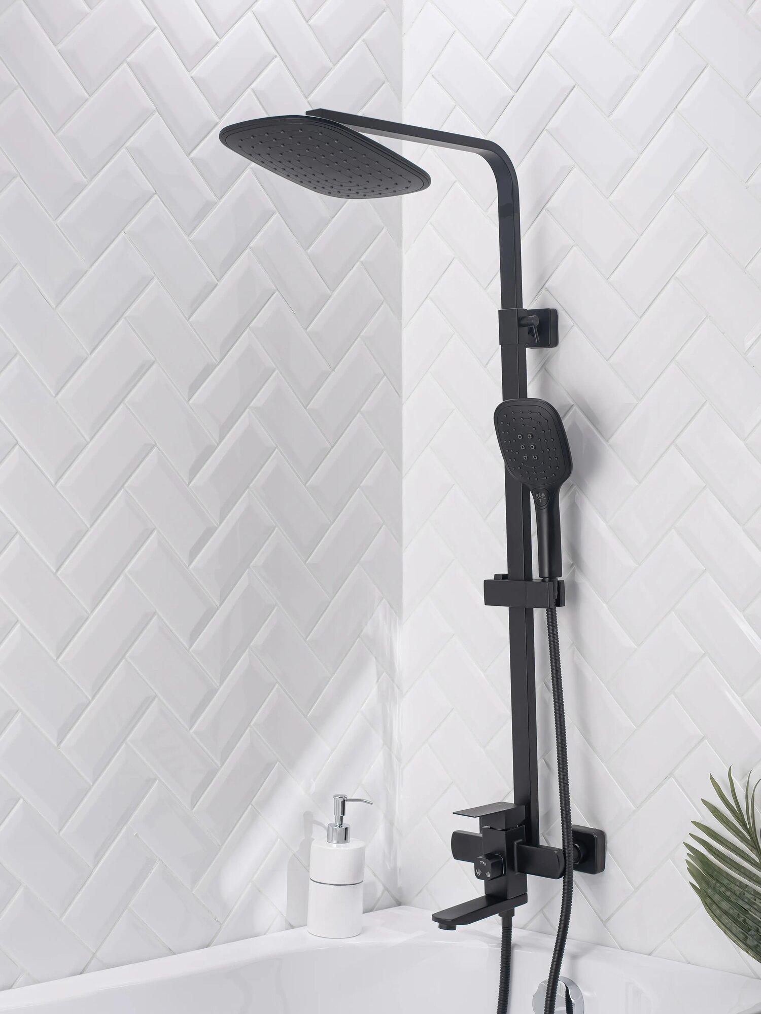 Душевая стойка, РМС SUS125BL-009DK, нержавеющая сталь, черная, со смесителем, тропический душ