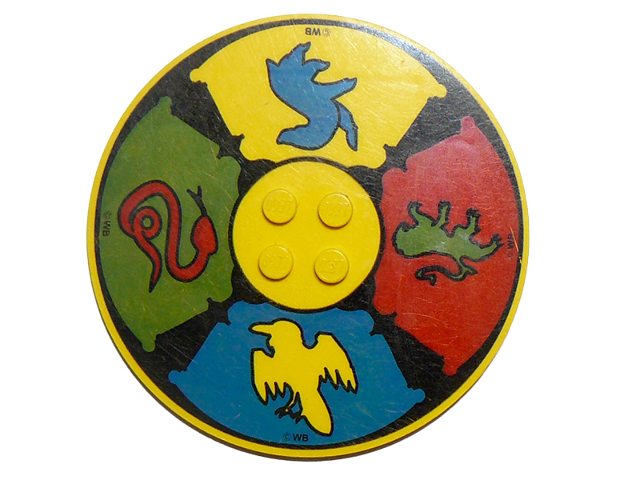 Tile, Round 8 x 8 with 4 Studs in Center with HP Gryffindor, Ravenclaw, Hufflepuff, and Slytherin Logos Pattern, 6177px1 Yellow U