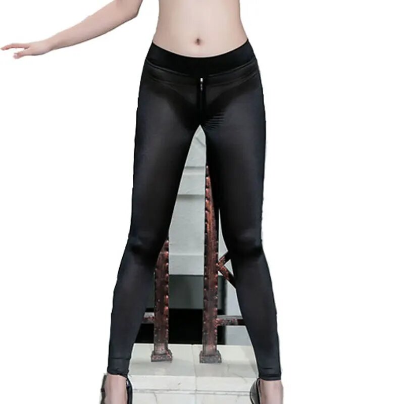 Сексуальные блестящие брюки-карандаш на молнии с открытой промежностью, ажурные леггинсы, черный