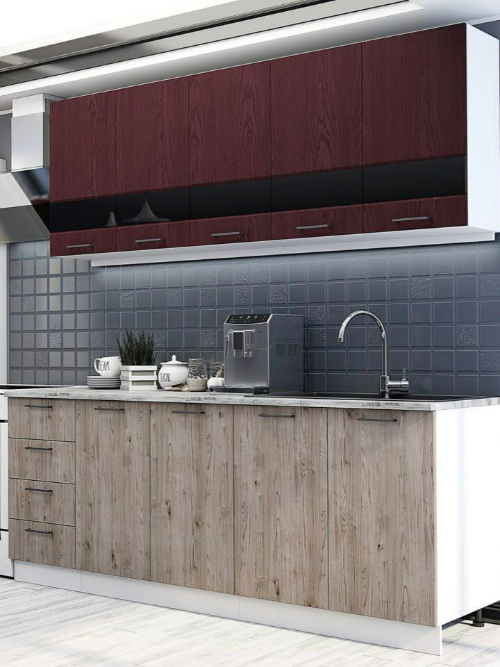 Кухонный гарнитур Эра Астра 200 см Белый / Красное дерево / Дуб Галиано / Стекло / столешница Калаката