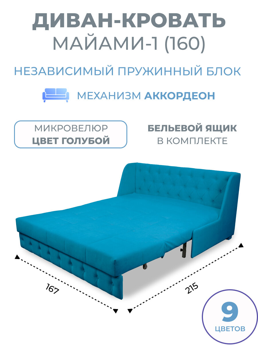 Диван кровать раскладной Майами-1 (160) независимый пружинный блок аккордеон велюр голубой Grand Family