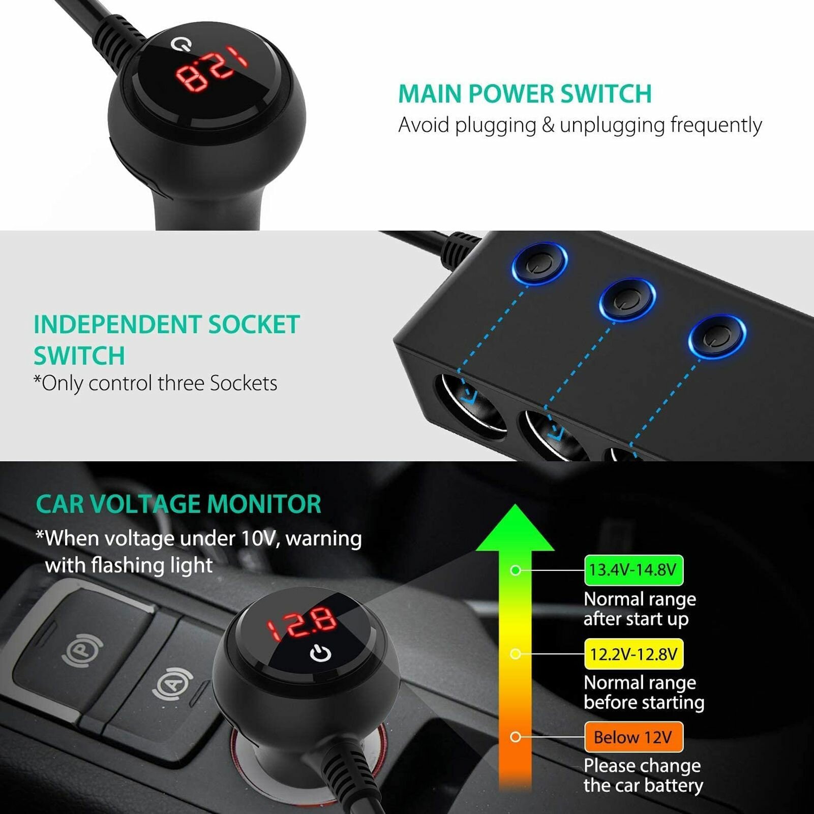 Автоадаптер 120W QC3.0 с 3 розетками и 4 USB