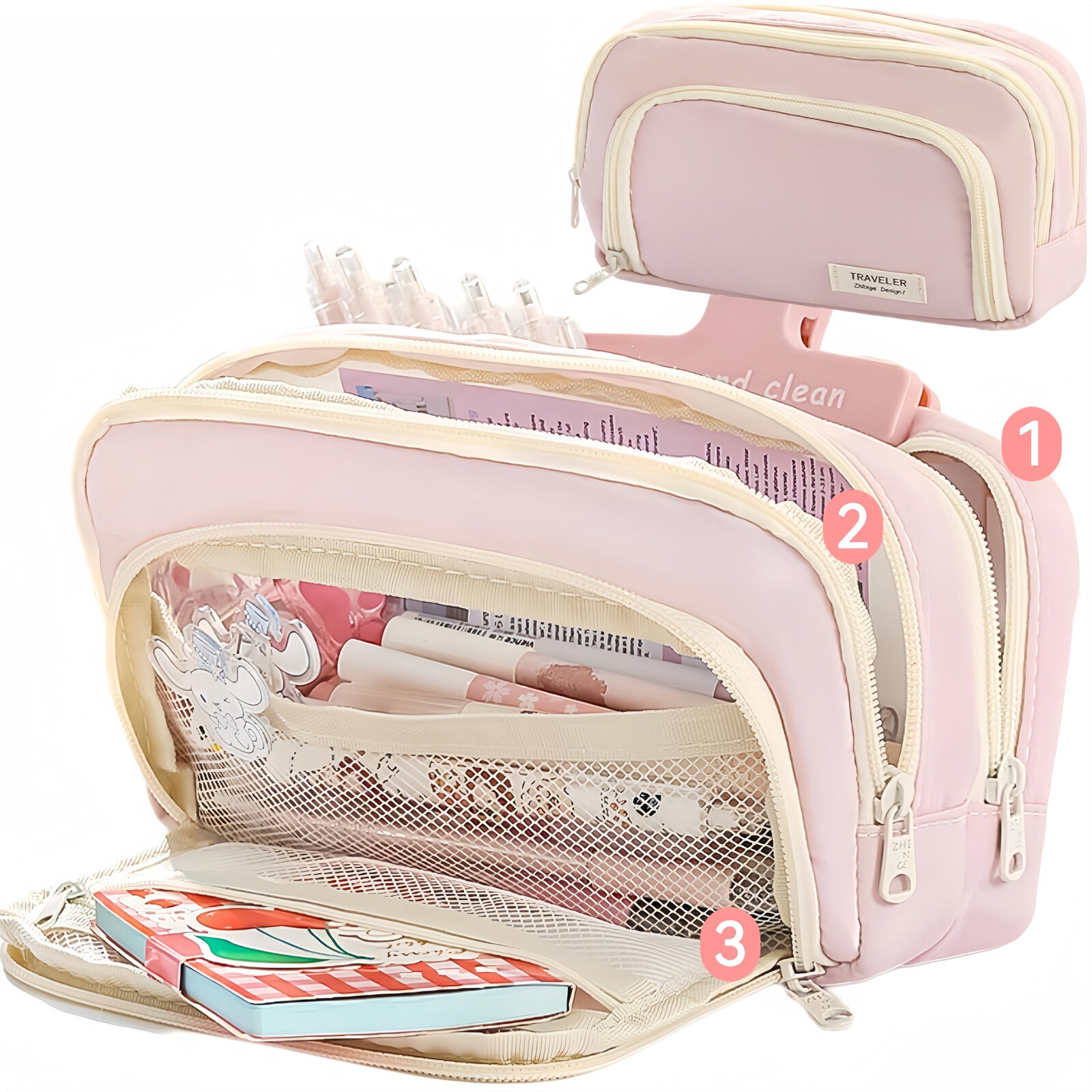 Чехол для карандашей большой вместимостью, 3 отсека, чехол для карандашей большой, органайзер для хранения, канцелярия, косметика для взрослых, мужчин, женщин, трехслойный пенал с окошком, вместимость около 100 карандашей, материал ткань, многоцветный,