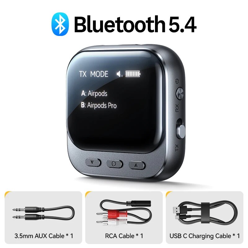 Bluetooth 5.4 передатчик-приемник с OLED-дисплеем для 2 Airpods или наушников 400 мАч 3,5 мм адаптер AUX Jack