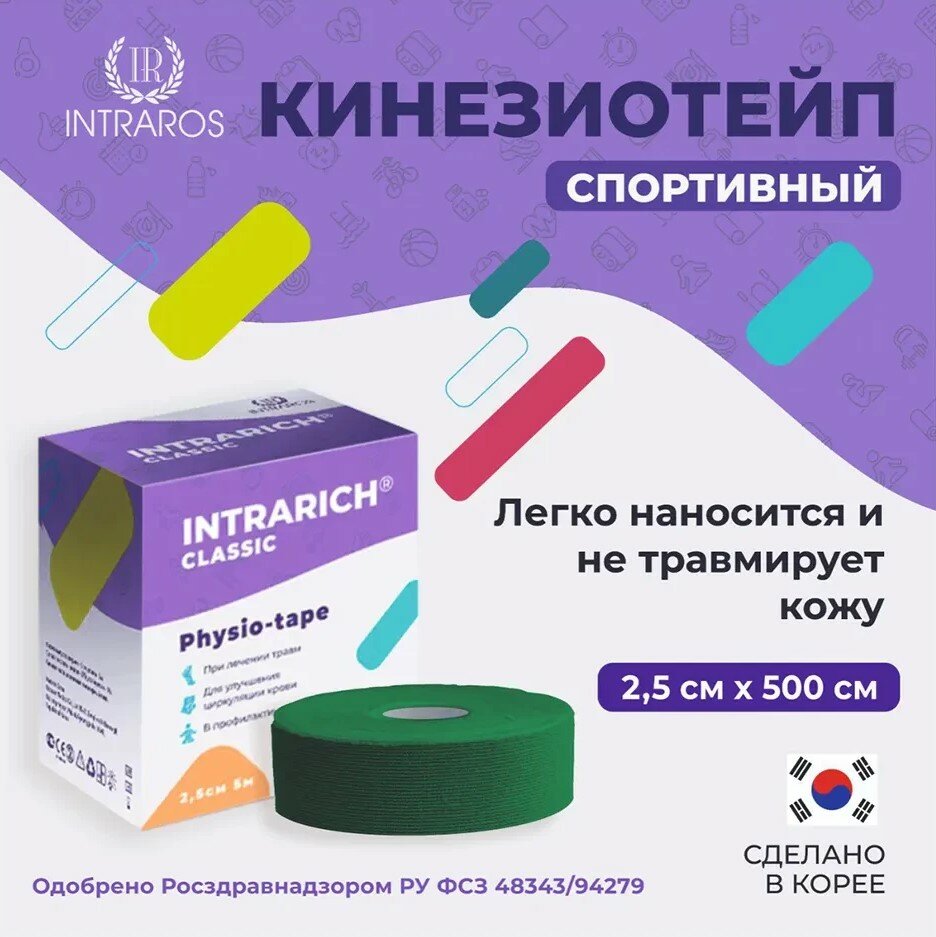 Тейп спортивный (кинезио) для тела INTRARICH CLASSIC, размер 2.5 см х 5 м, цвет зеленый, влагостойкий