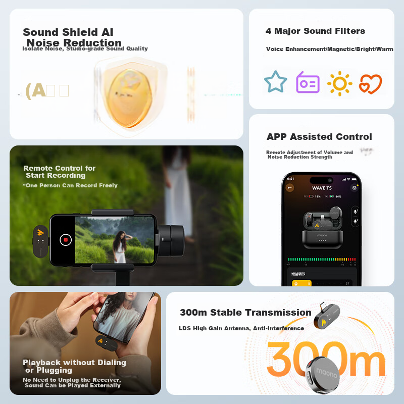 Maono T5 беспроводной лавалерный микрофон с ИИ-шумоподавлением для мобильного стриминга и коротких видео Цвет：T5