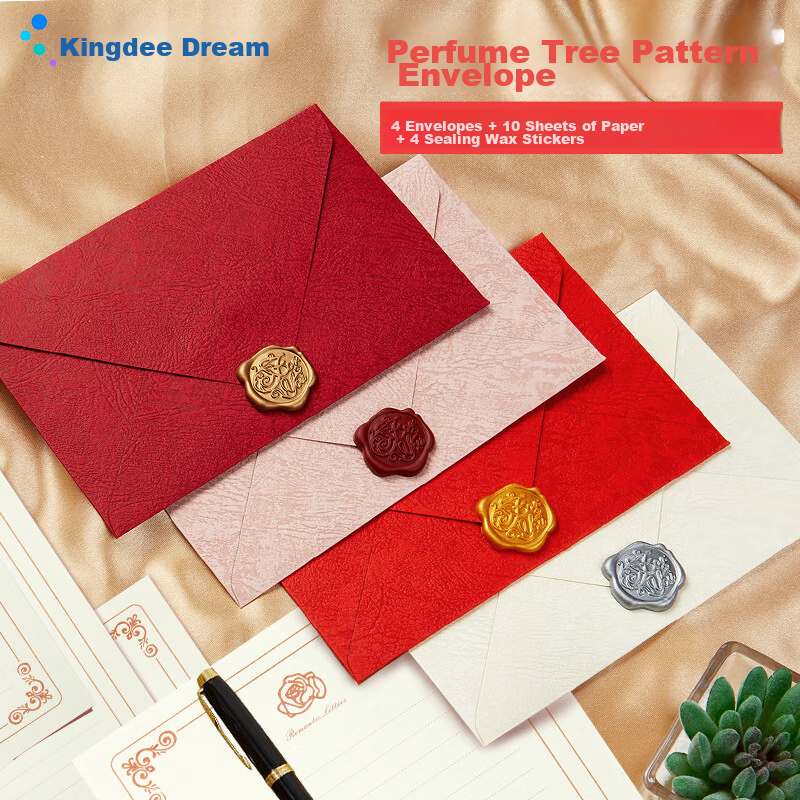 Kingdee Valentine's Day Gift Perfume Tree Pattern Envelope Card Set, 4 Pieces, Greeting Cards, Envelopes, Cute Lacquer, High-End Gift, Artistic Letter, Love Letter, Confession