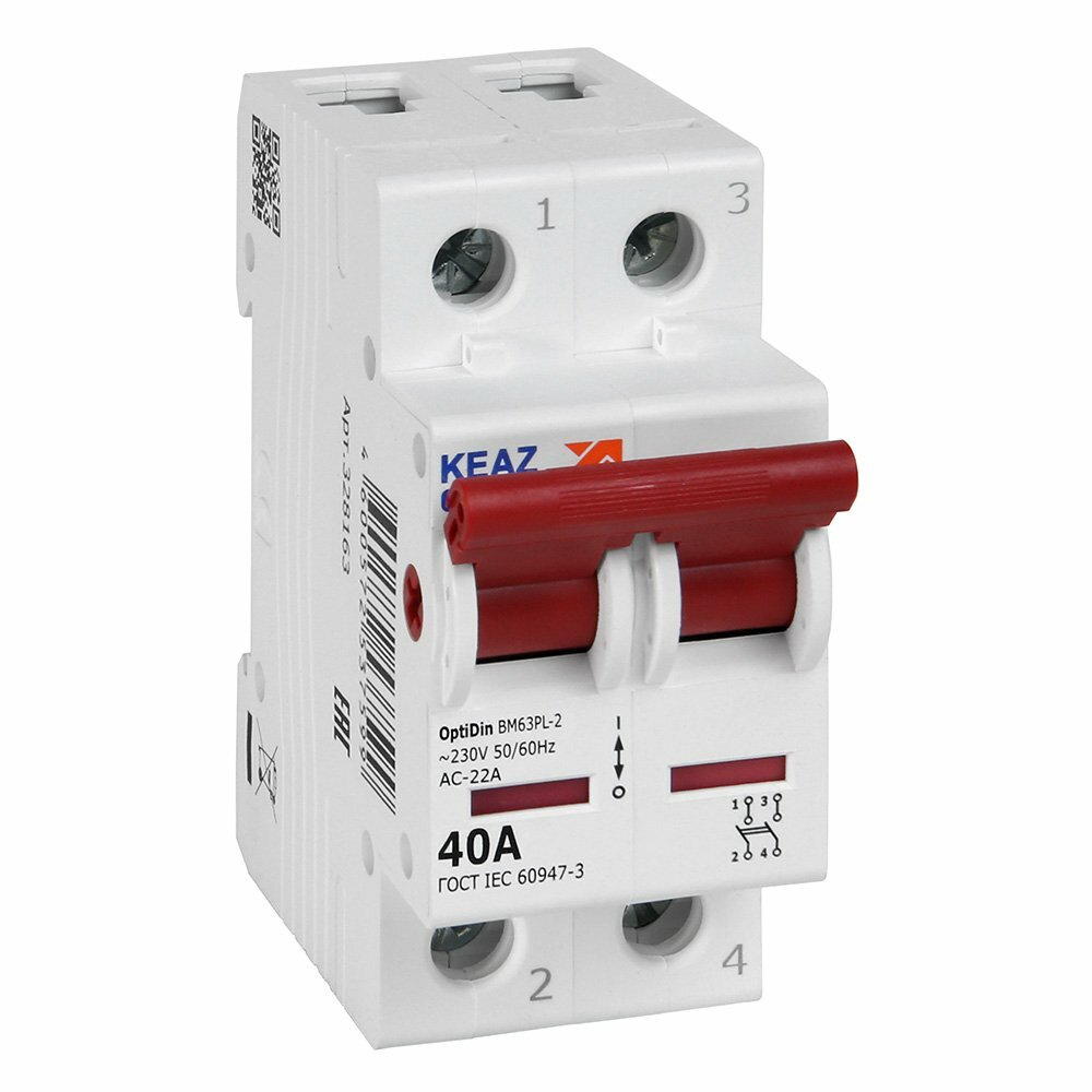 КЭАЗ OptiDin ВМ63PL Выключатель нагрузки 2P 40А 400В (BM63PL-240-УХЛ3), 328163