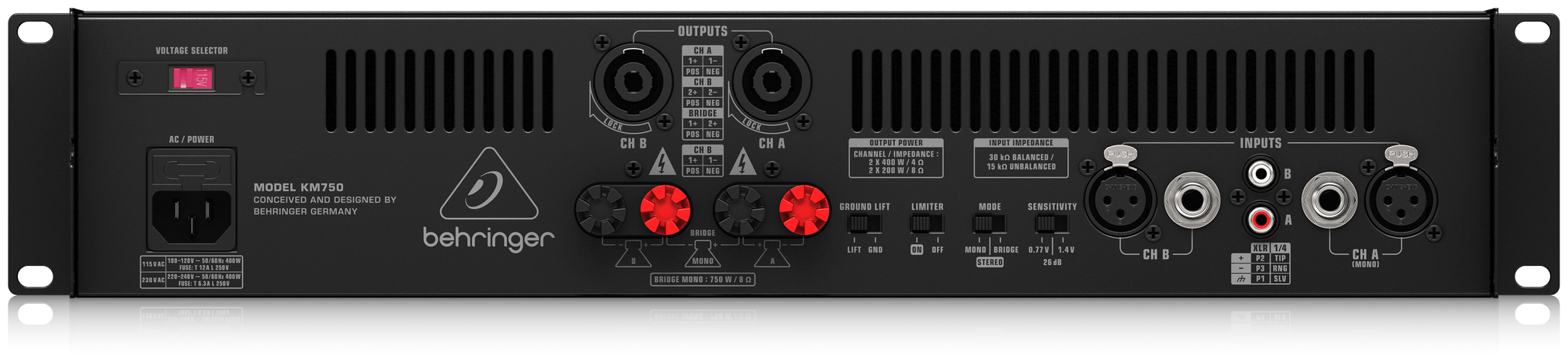 Двухканальный усилитель мощности Behringer KM750, ATR, 400 Вт, черный