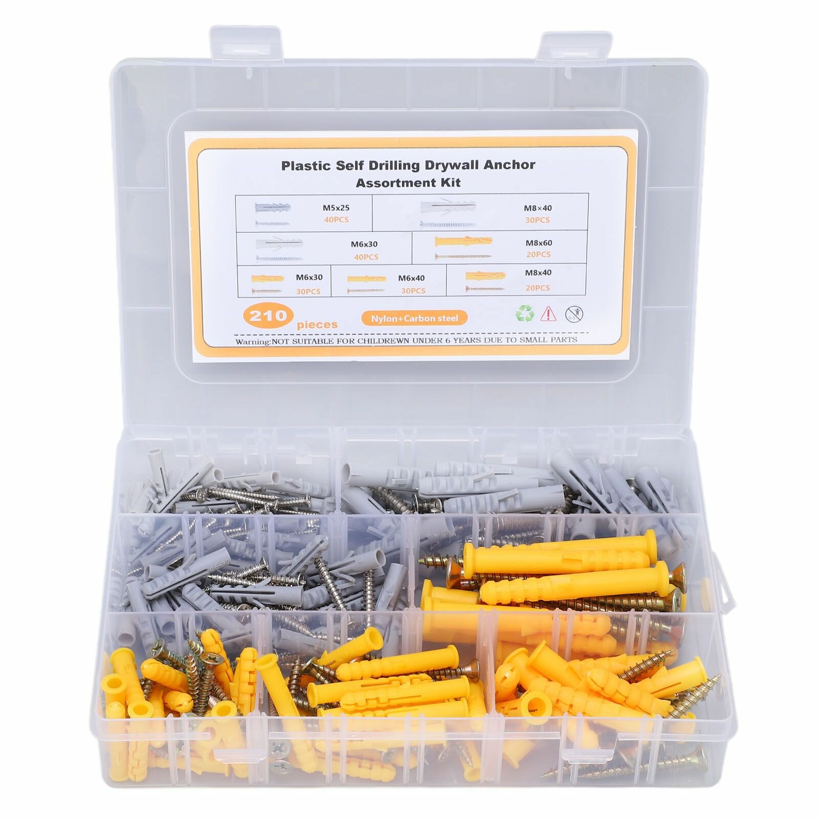 210 комплектов пластиковых дюбелей и саморезов