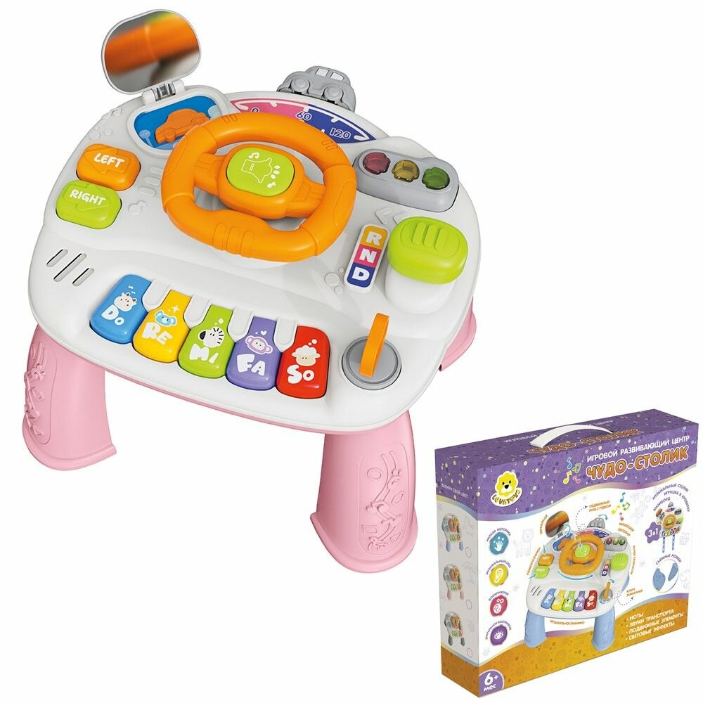 Развивающий центр "Чудо-столик. Руль" со звуковыми и световыми эффектами, игровой набор с подвижными деталями для малышей, музыкальное пианино, бизиборд, розовый