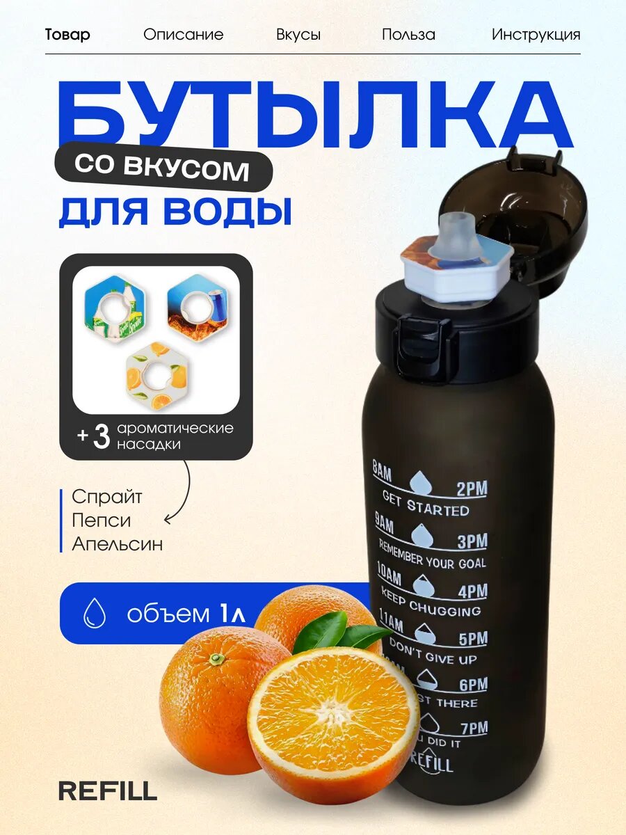 Бутылка для воды со вкусом Air Up, 3 картриджа в подарок, 1000 мл