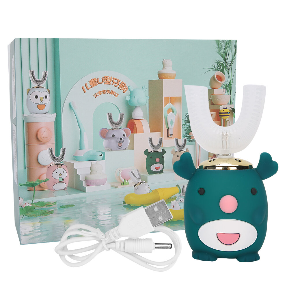 Детская электрическая звуковая зубная щетка U-образной формы, интеллектуальная щетка для чистки полости рта (зеленая, для детей от 26 лет)