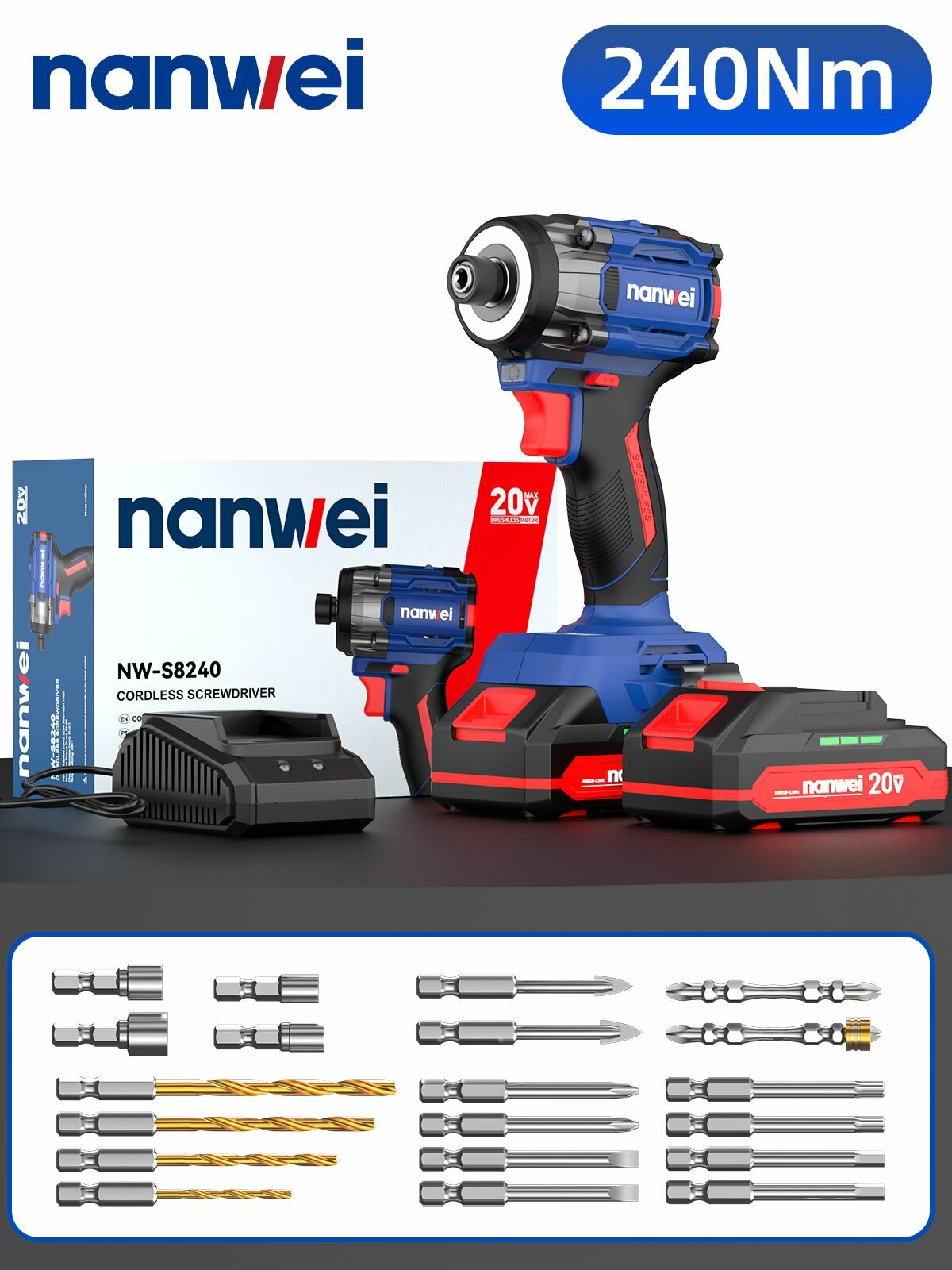 Электрический шуруповерт NANWEI 60/120/180/240 Нм 4-я передача, 1/4 дюйма,3200 об/мин (Батарея 2,0ah x 2)