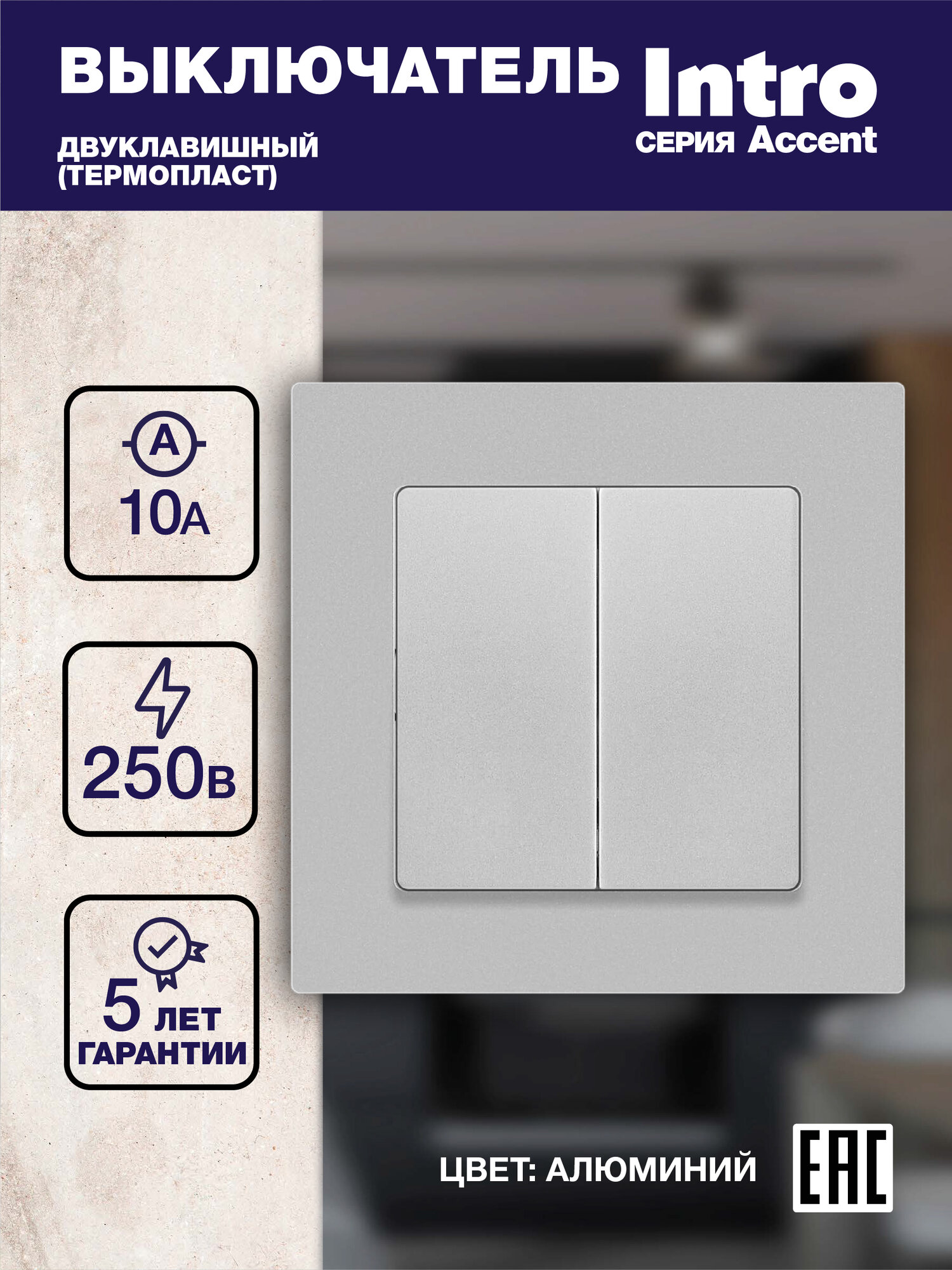 Выключатель двойной Intro Accent 6М-104-03 алюминий без подсветки