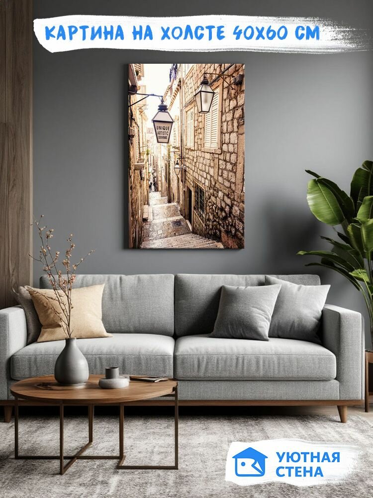 Картина на натуральном холсте Уютная стена "Узкая улочка с крутой лестницей в Дубровнике. Хорватия" 40х60 см