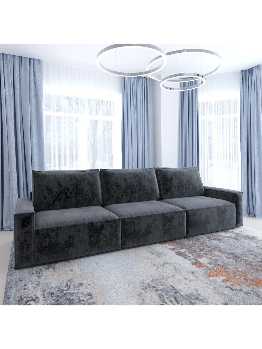 Диван КМК в стиле лофт, ортопедический, раскладной, еврокнижка, серый, велюр, 340х110 см