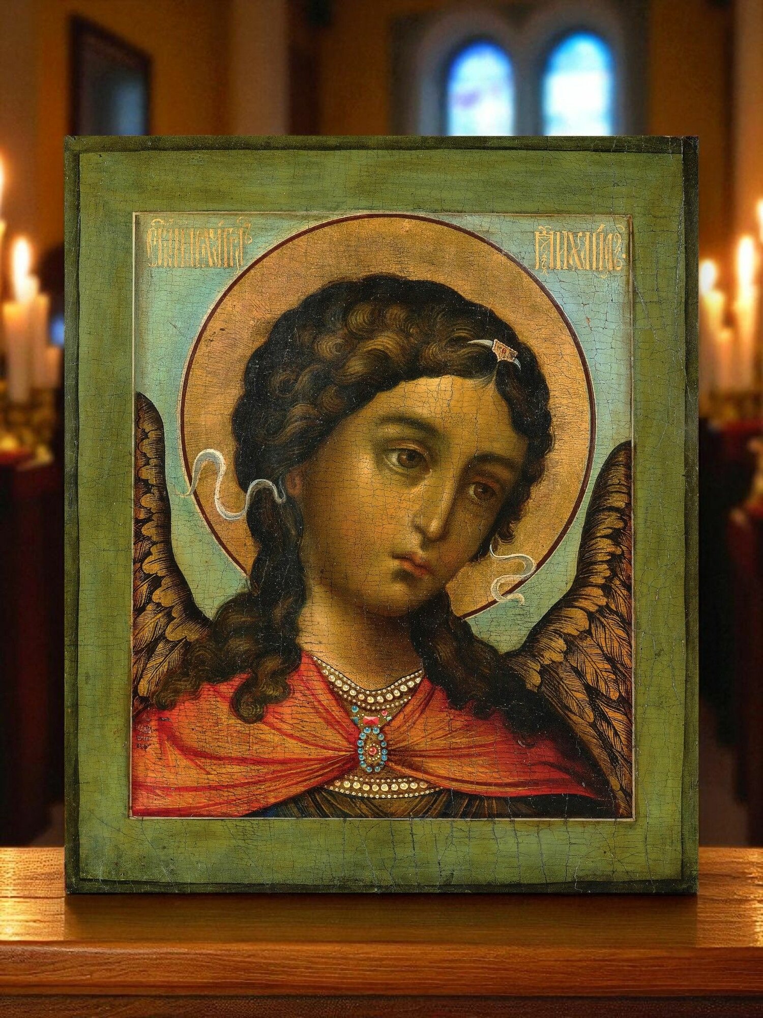 Архангел Михаил деревянная икона на левкасе оплечный образ 13 см