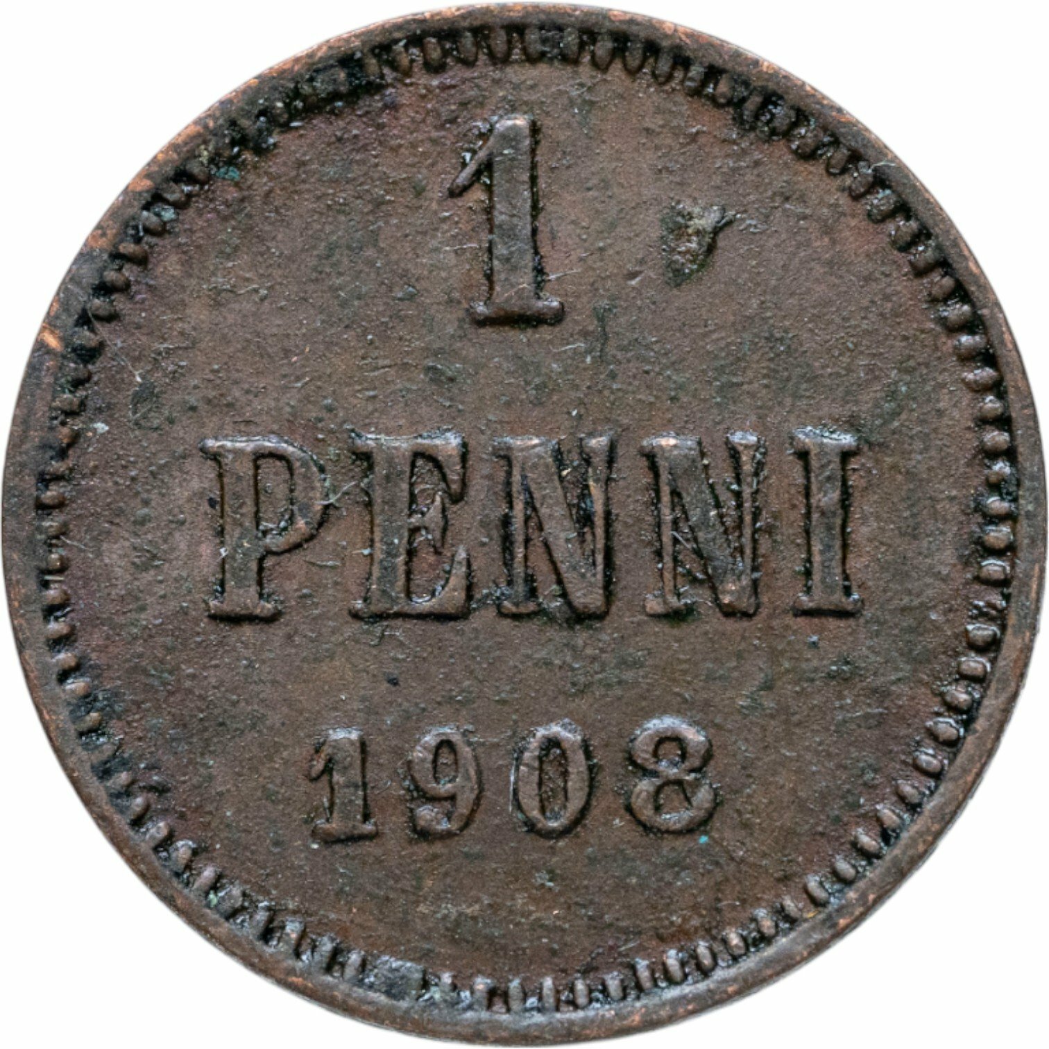 1 пенни penny 1908, монета для Финляндии, Медь, в сохранности XF