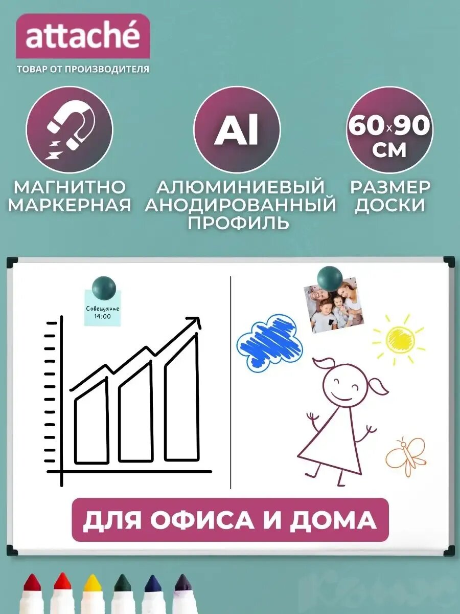 Доска магнитно-маркерная на стену для рисования 60x90 см