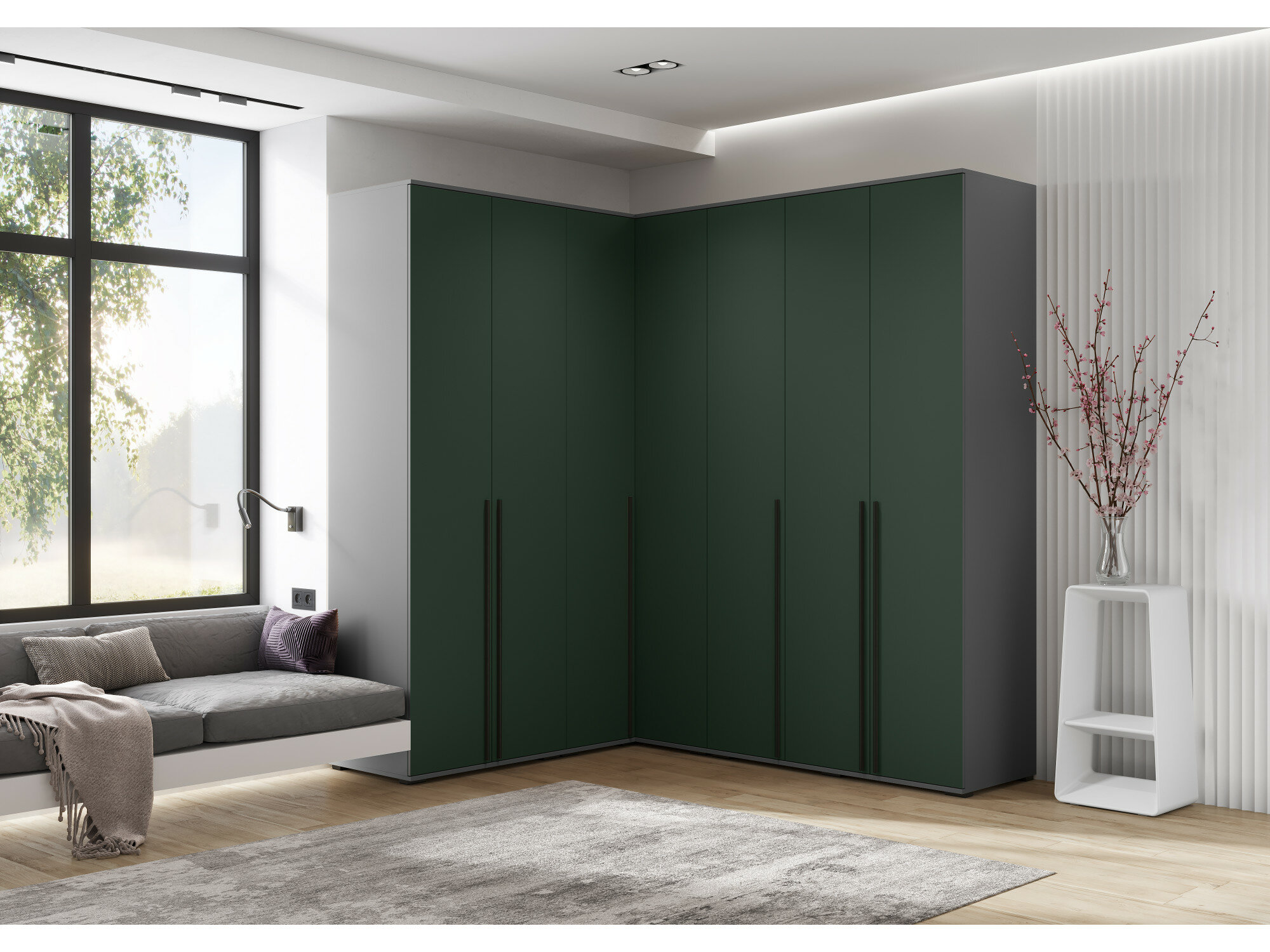 Угловая композиция шкафов (2-х ств + 3-х ств + угловой), Графит/Изумрудный ЛДСП