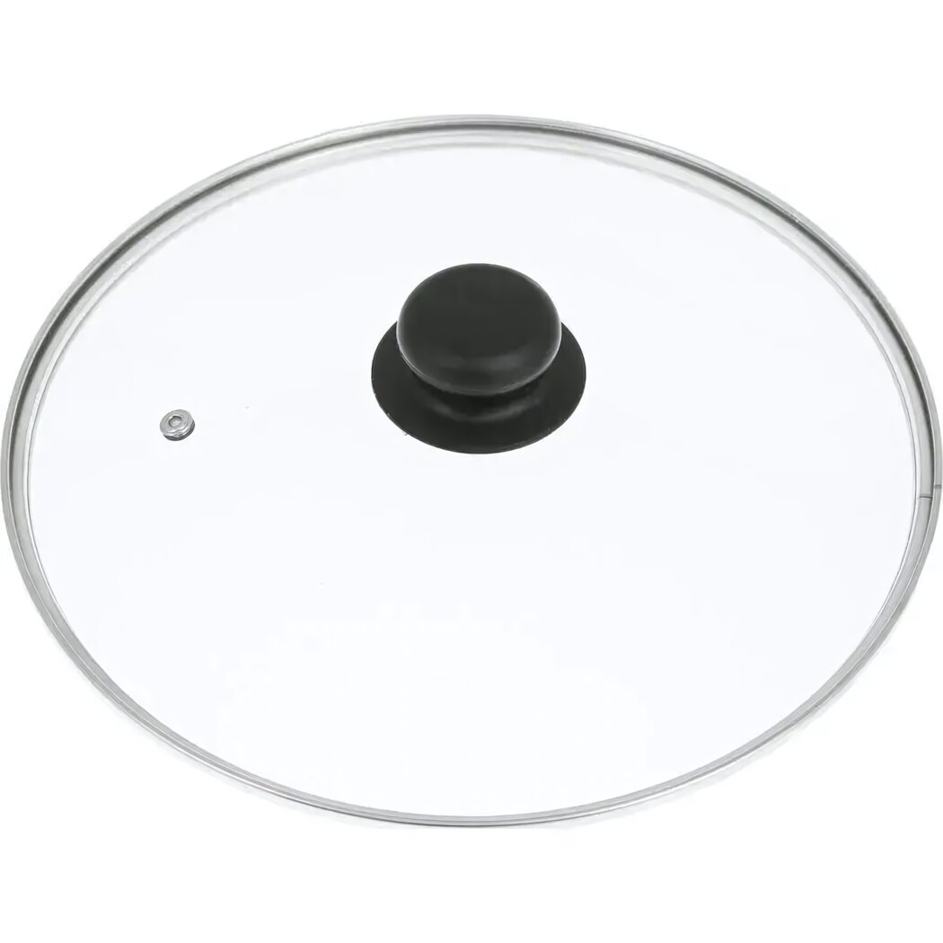 Крышка стеклянная 26 см с металлическим ободом и ручкой, черная ручка, вентиляционное отверстие