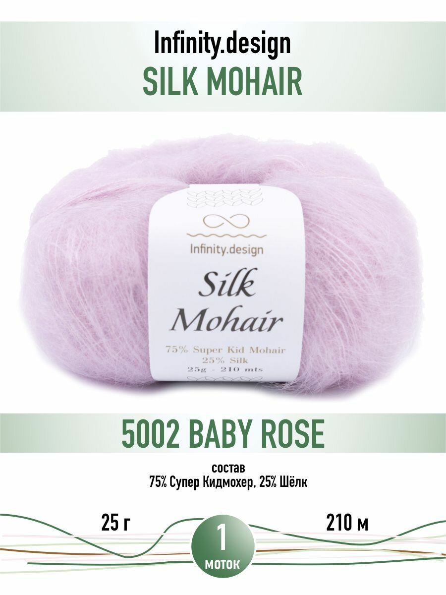 Пряжа для вязания Infinity Design Silk Mohair (5002 Baby Rose) 1 моток 25 г/210 м, 75% Супер кид мохер, 25% шёлк