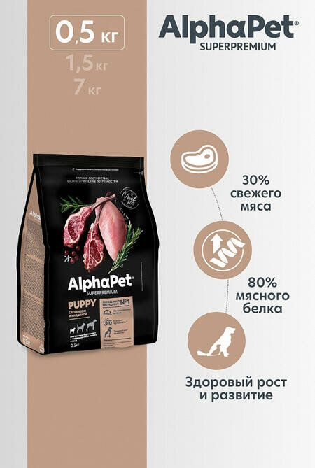 ALPHAPET SUPERPREMIUM 500 гр сухой корм для щенков, беременных и кормящих собак мелких пород с ягненком и индейкой