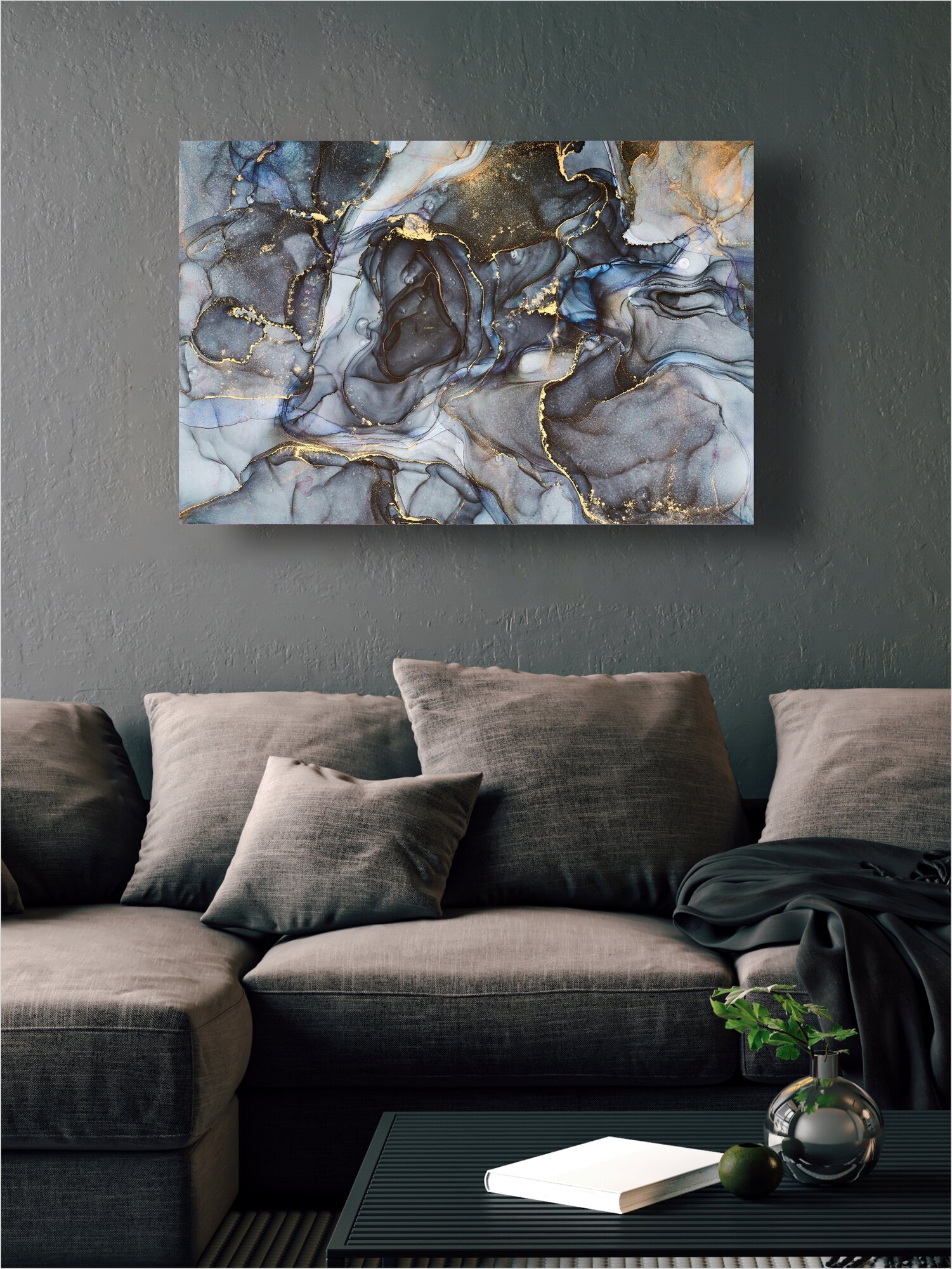 Картина для интерьера на стену абстракция. Серые с золотом разводы 40х60 см на холсте на подрамнике