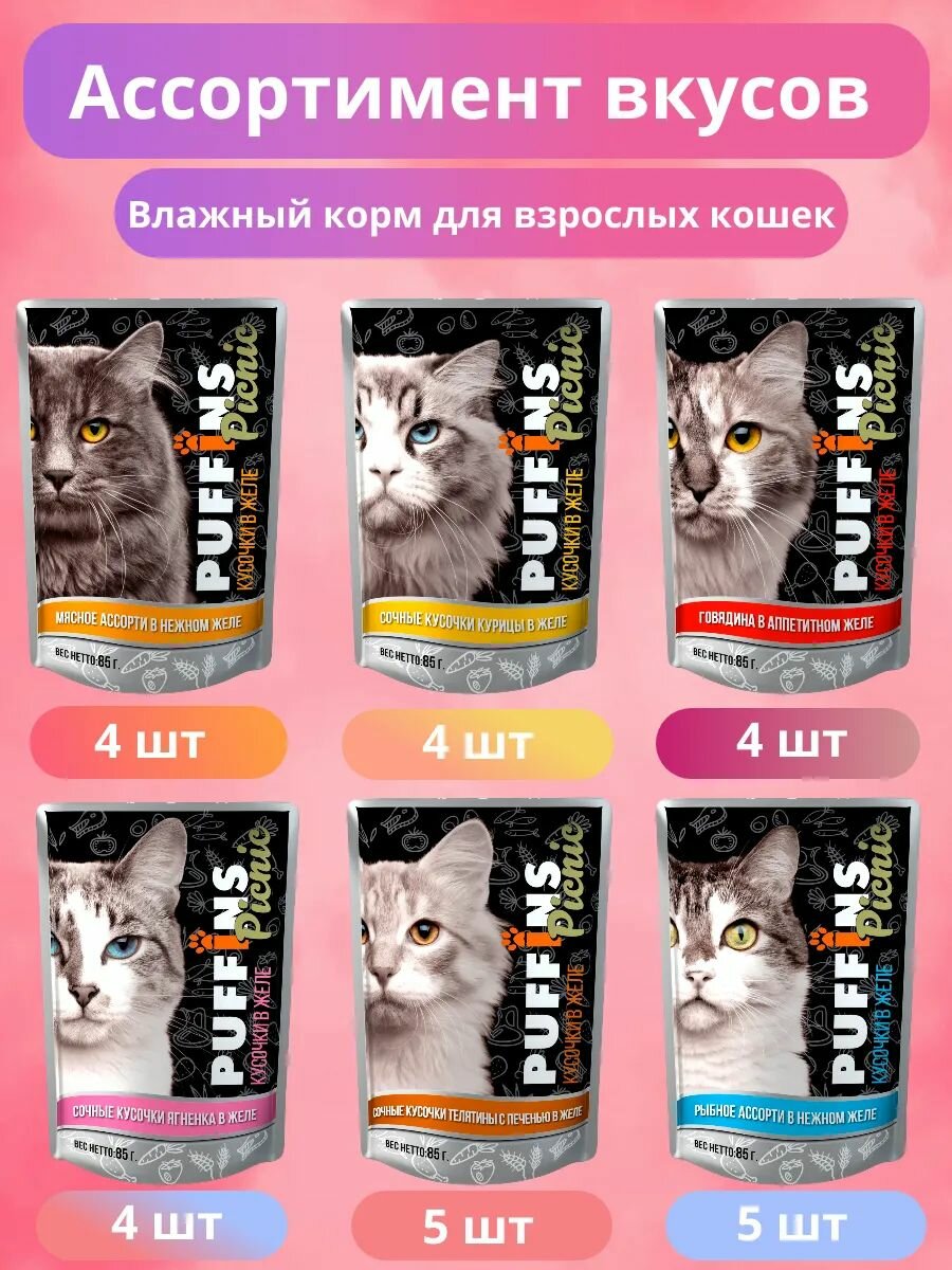 Корм для кошек влажный Puffins Picnic, полнорационный Ассорти вкусов в желе , 26 шт по 85 гр