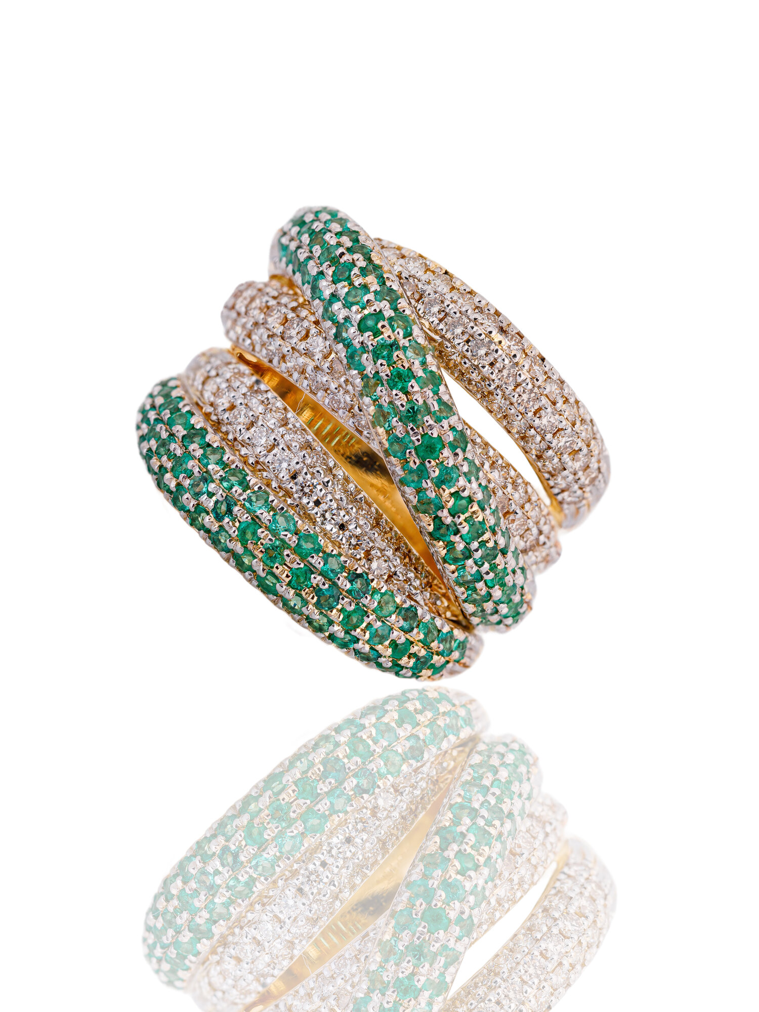 Кольцо, желтое золото, 585 проба, родирование, бриллиант, изумруд