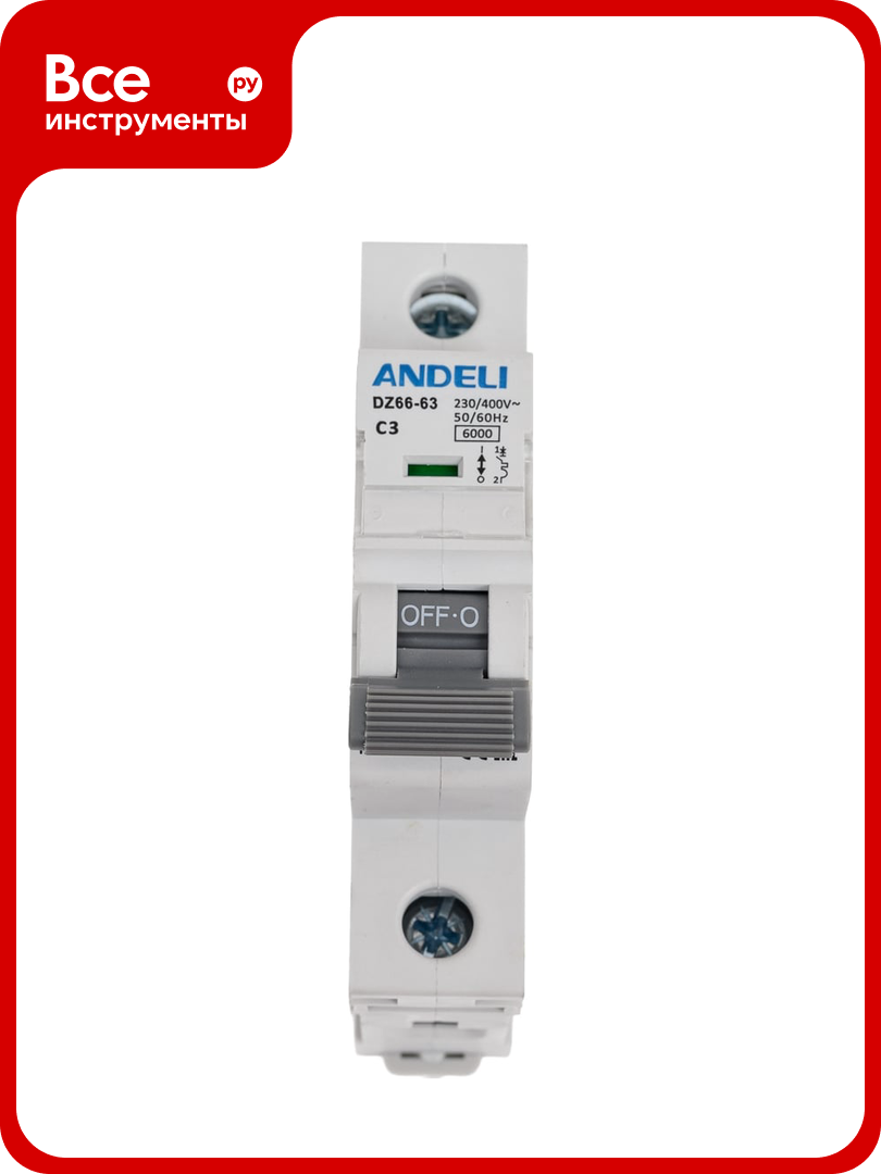Автоматический выключатель ANDELI DZ66-63/1P 3A 6kA тип C ADL01-224, 25 мм