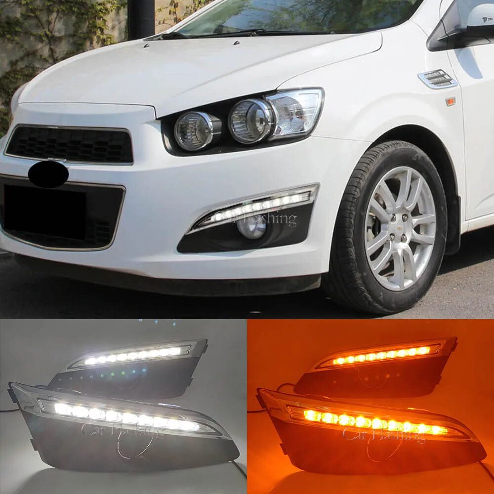 Дневные ходовые огни для автомобиля Chevrolet Chevy AVEO Sonic 2011 2012 2013 DRL дневные ходовые огни с указателем поворота, противотуманная фара, White and Yellow